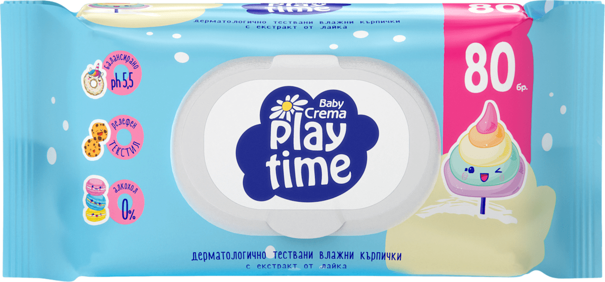 Baby Crema play time Влажни кърпи с екстракт от лайка, различни цветове ...
