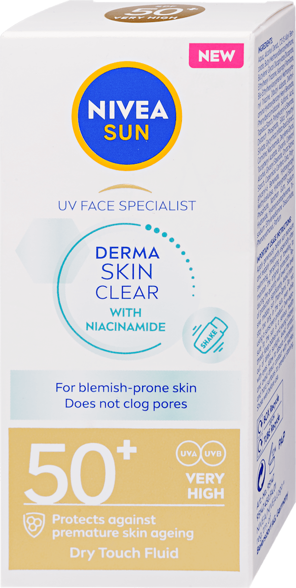 NIVEA SUN Fényvédő fluid arcra Derma Skin Clear, FF50+, 40 ml | dm.hu