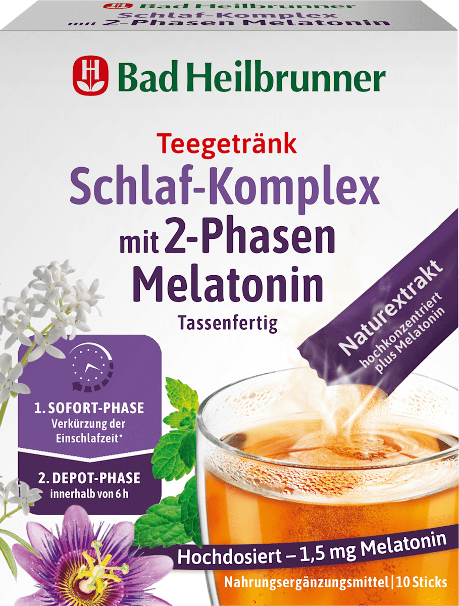 Bad Heilbrunner Teegetränk, Schlaf-Komplex mit 2-Phasen Melatonin (10 Sticks), 10 g dauerhaft ...
