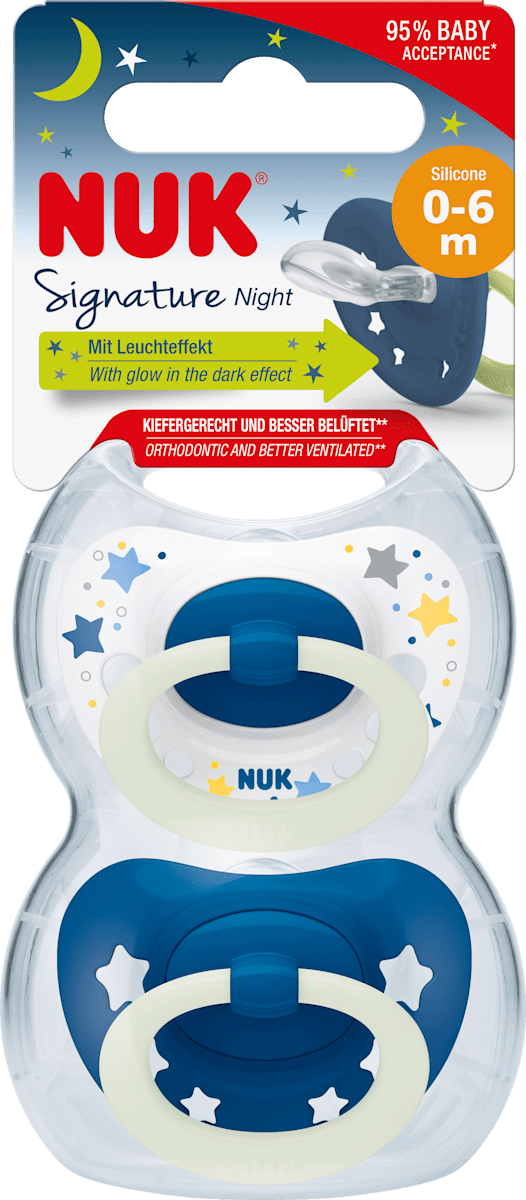NUK Schnuller Signature Night, Silikon, blau, 0-6 Monate, 2 St dauerhaft günstig online kaufen ...