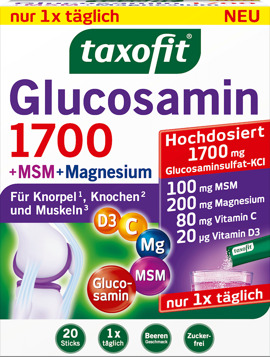 taxofit Glucosamin 1700 + MSM + Magnesium Sticks 20 St, 80 g dauerhaft ...