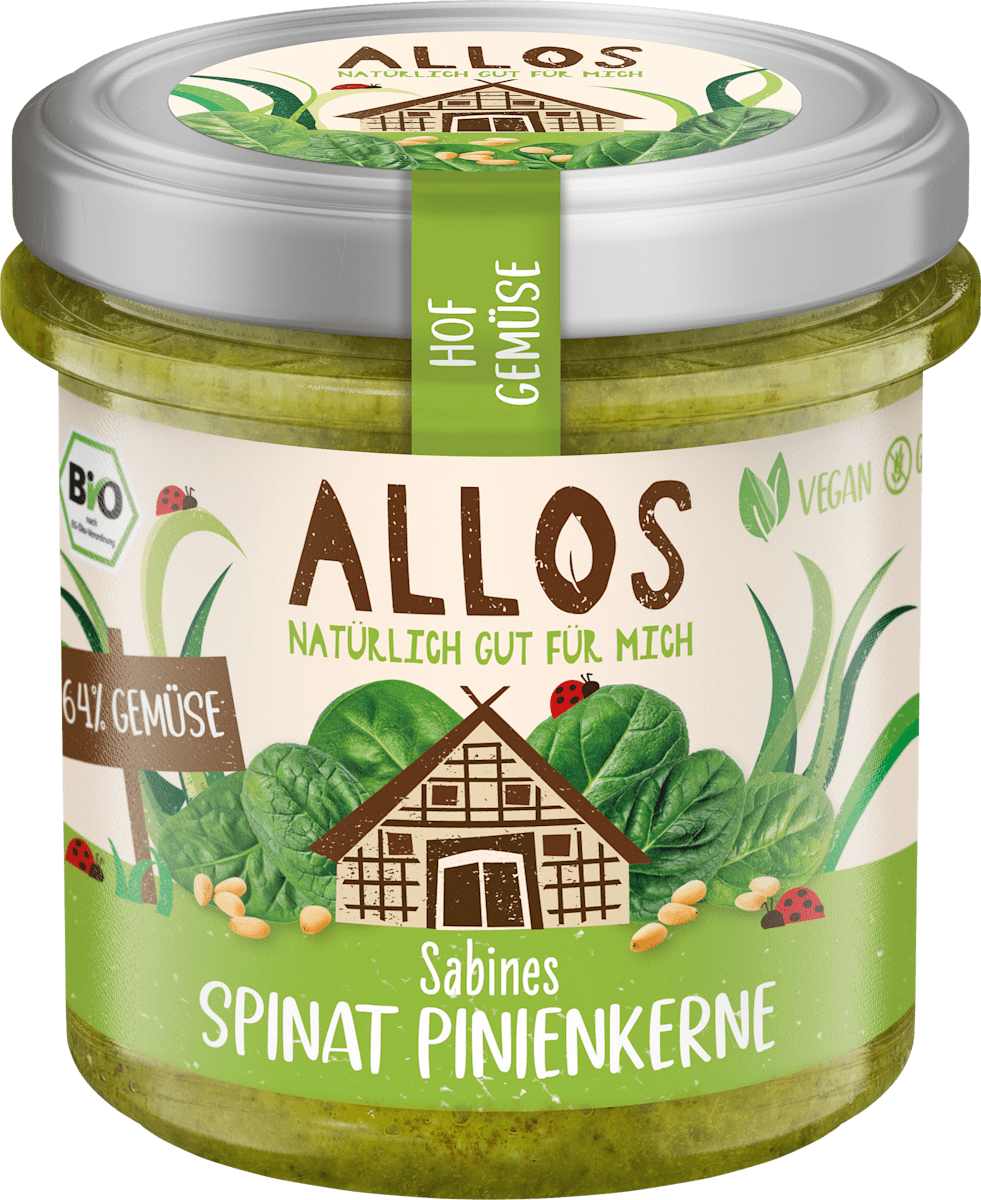 ALLOS Brotaufstrich Hof-Gemüse Sabines Spinat Pinienkerne, 135 g | dm.at