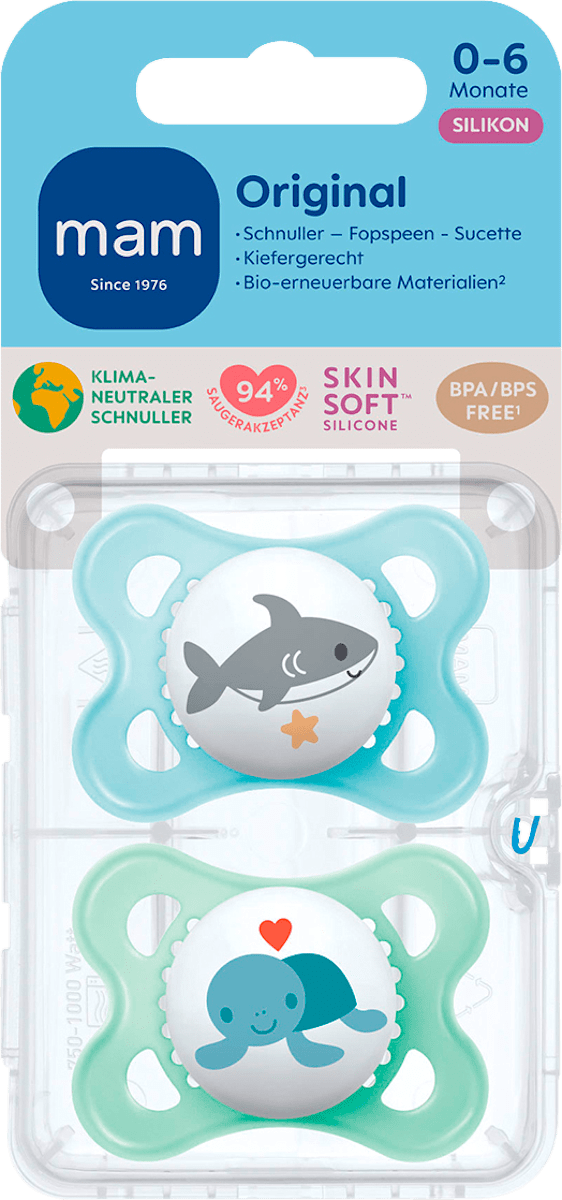 mam Schnuller Original Silikon, blau/mint, 0-6 Monate, 2 St dauerhaft ...