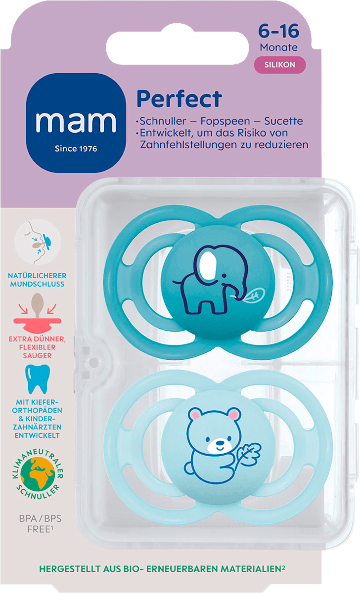 mam Schnuller Perfect Silikon, türkis/blau, 6-16 Monate, 2 St dauerhaft ...