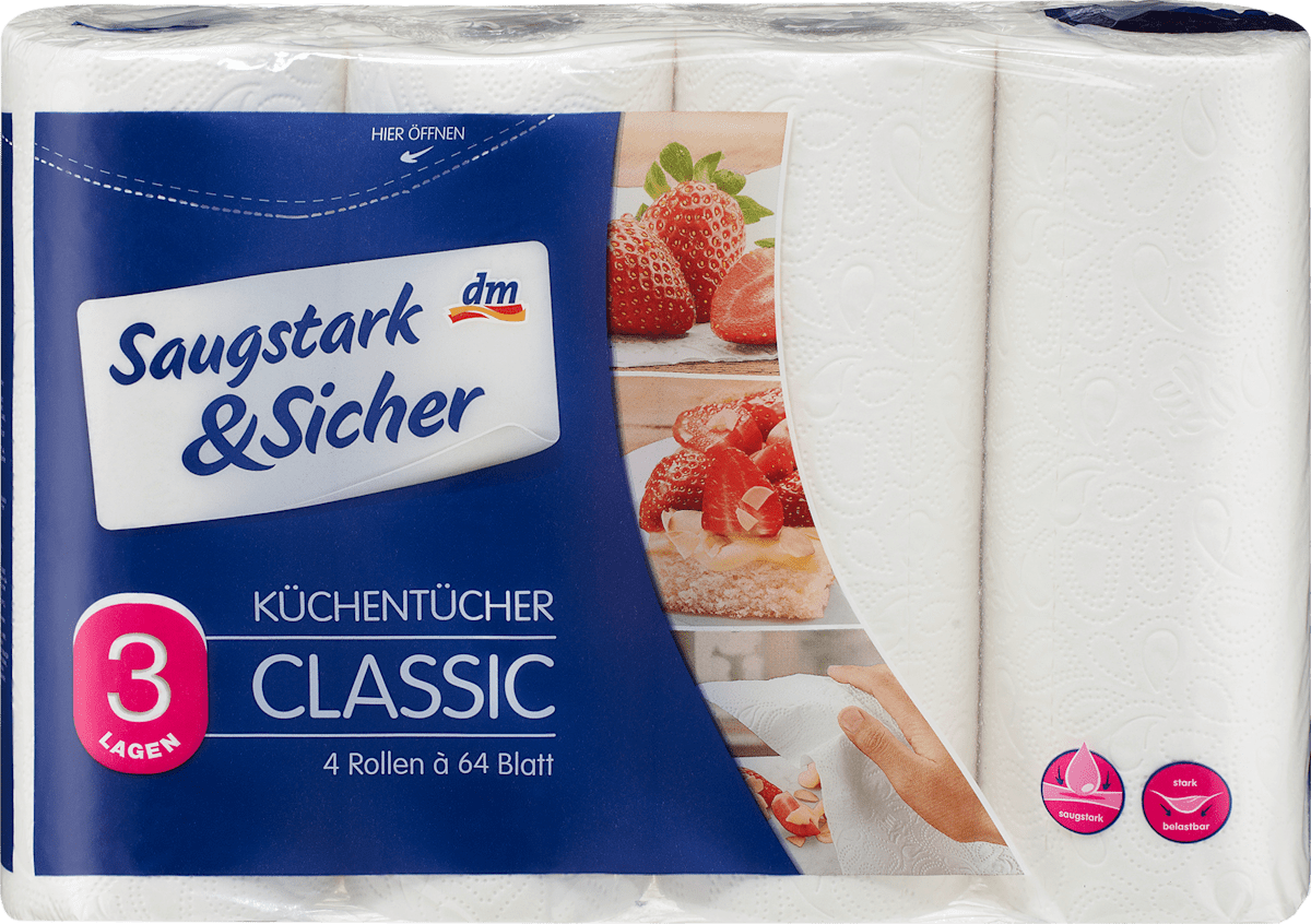 Saugstark&Sicher Küchentücher Classic 3-lagig (4x64 Blatt), 4 St ...