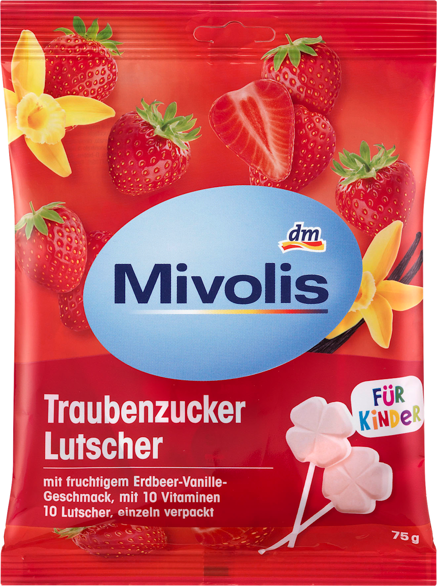 Mivolis Traubenzucker, Lutscher Erdbeer-Vanille für Kinder, 75 g ...