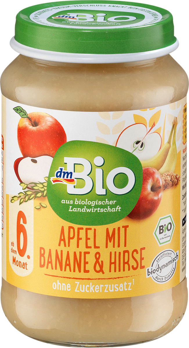 dmBio Био пюре от ябълки и банани с просо, 190 g | dm България