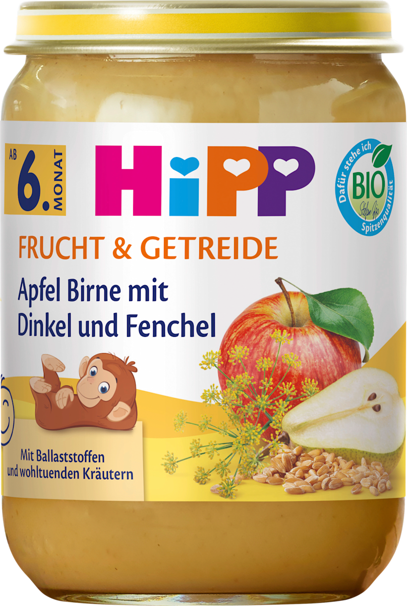 HiPP Frucht & Getreide Apfel, Birne mit Dinkel & Fenchel ab dem 6. Monat, 190 g dauerhaft ...