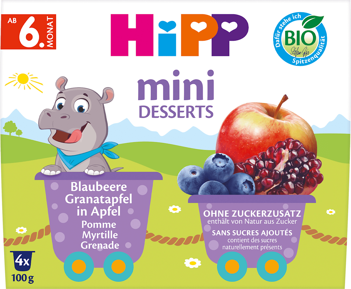 HiPP Früchte Mini Desserts Blaubeere, Granatapfel in Apfel ab dem 6. Monat (4x100 g), 400 g ...