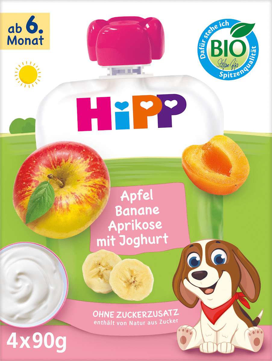 HiPP Quetschie Apfel Banane Aprikose mit Joghurt, ab 6. Monat (4x90 g), 360 g dauerhaft günstig ...