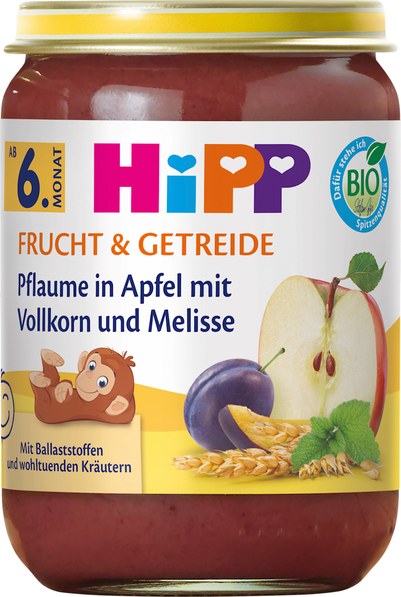 HiPP Frucht & Getreide Pflaume in Apfel mit Vollkorn & Melisse ab dem 6. Monat, 190 g dauerhaft ...