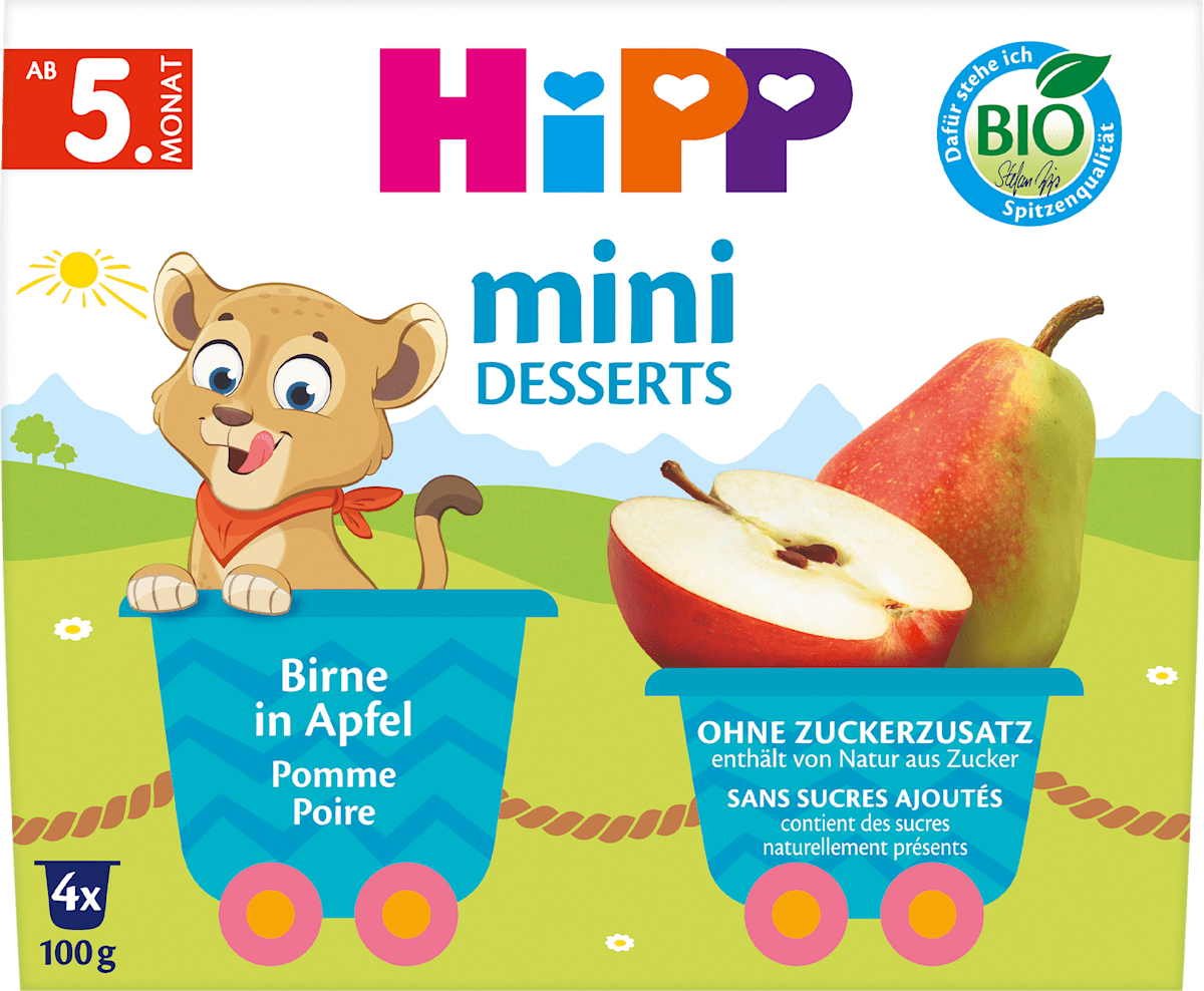 HiPP Früchte Mini Desserts Birne in Apfel, ab dem 5. Monat (4x100 g), 400 g dauerhaft günstig ...