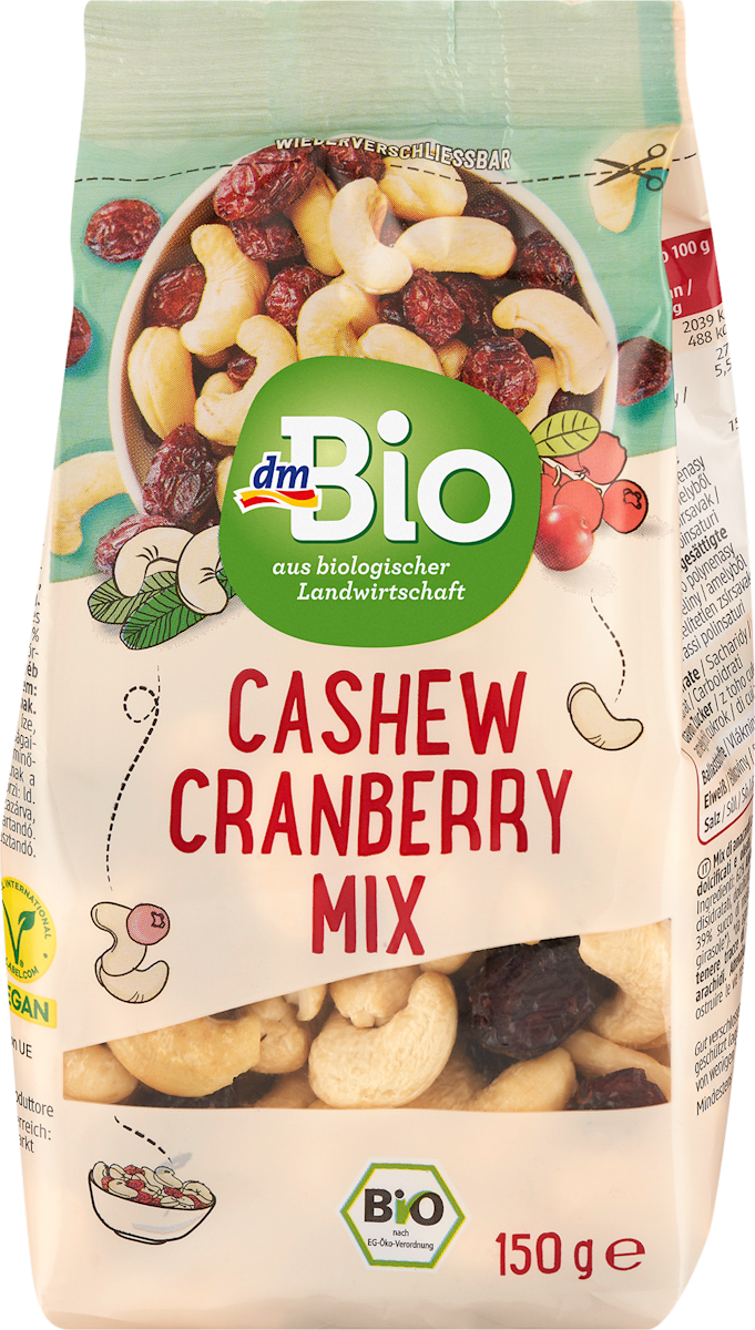 dmBio bio mix kešu a brusinky, směs kešu jádra nepražená a sušeného ...