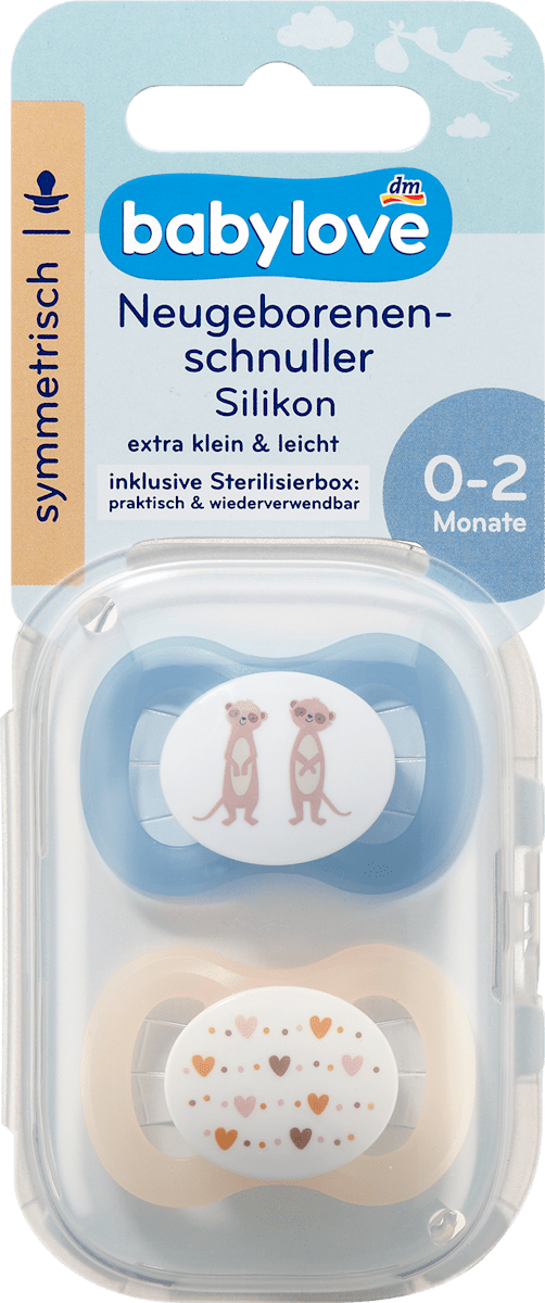 babylove Schnuller für Neugeborene Silikon symmetrisch, blau/creme, 0-2 ...