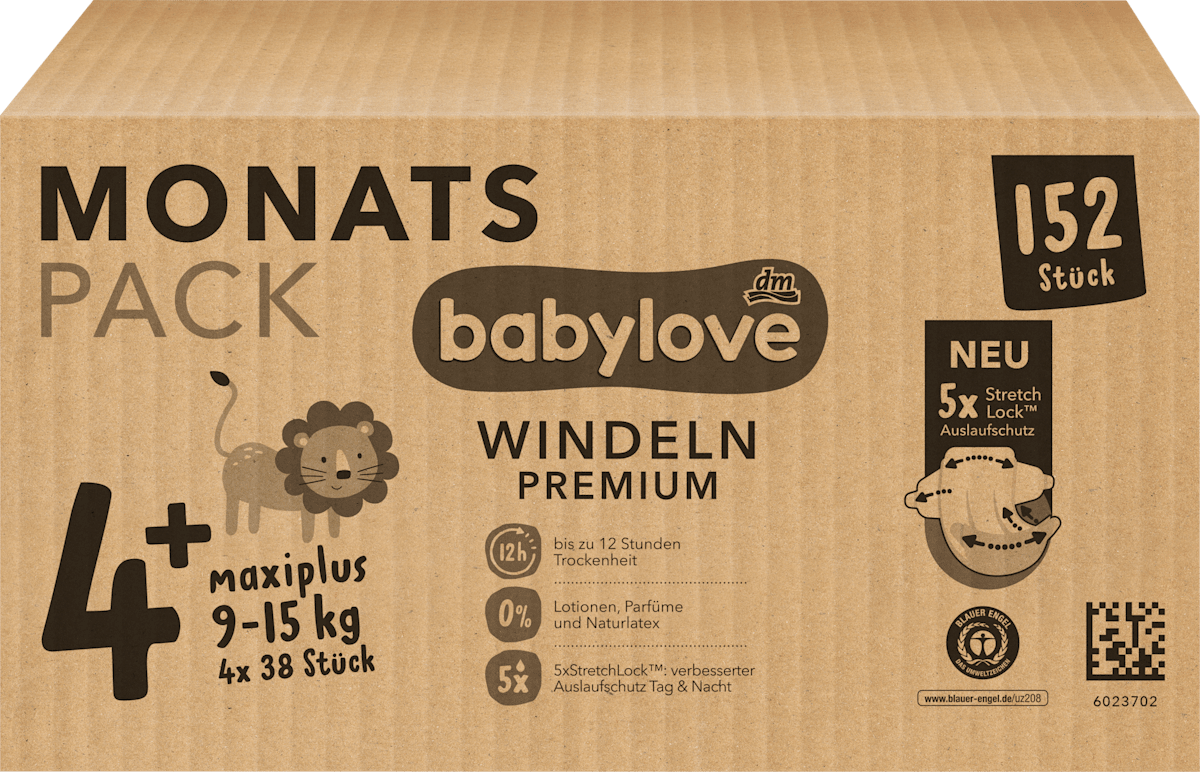 babylove Windeln Premium Gr. 4+ Maxiplus (9-15 kg) Monatspack, 152 St ...
