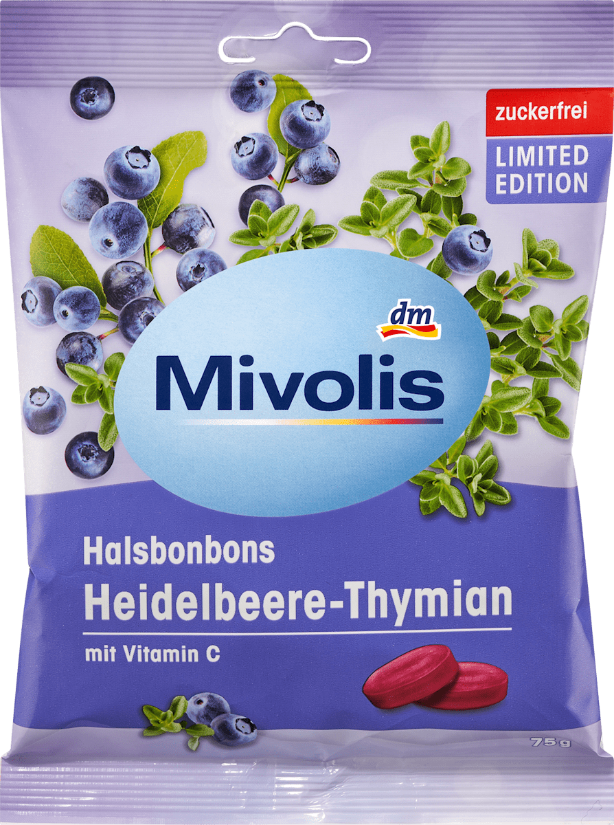Mivolis Tvrde bombone ukusa borovnice i timijana sa zaslađivačima i vitaminom C, 75 g | dm.rs