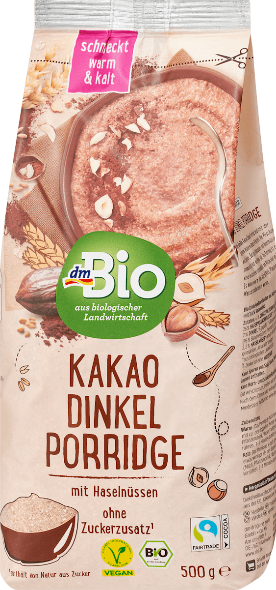 dmBio Porridge, Kakao Dinkel mit Haselnüssen, 500 g dauerhaft günstig ...