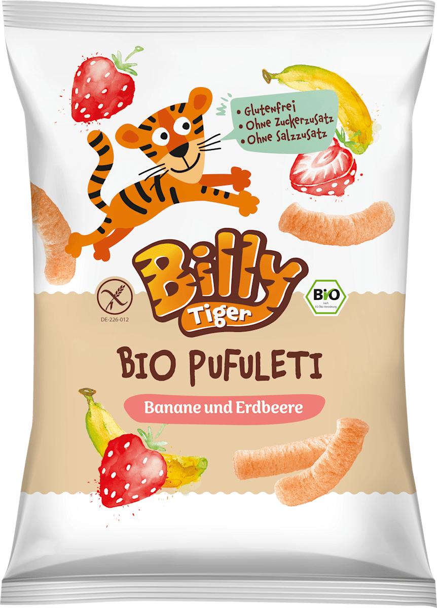 Billy Tiger Kindersnack Pufuleti Banane & Erdbeere ab 3 Jahren, 35 g ...
