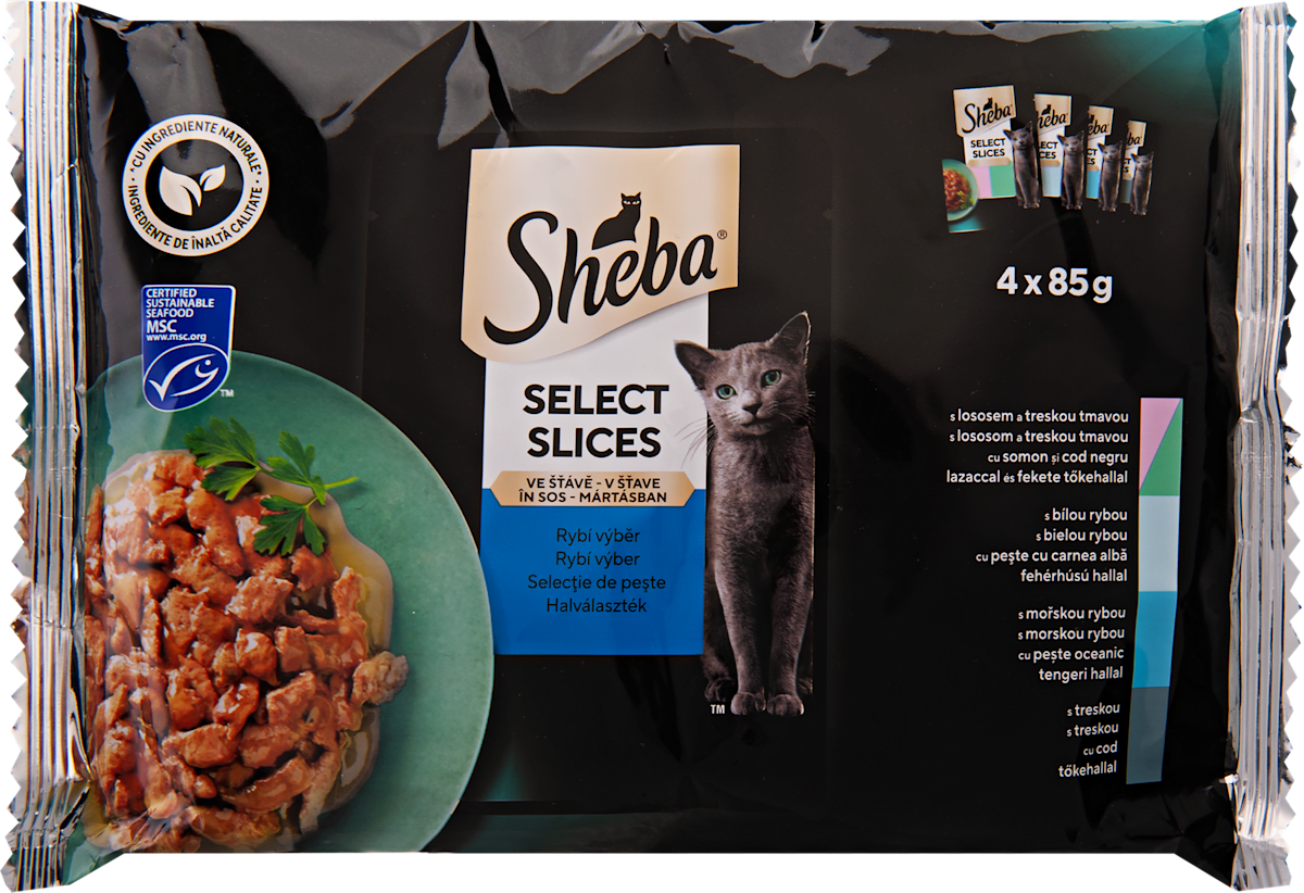 Sheba Alutasakos macskaeledel Select Slices, halválaszték, 0,34 kg | dm.hu