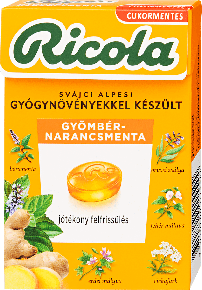 Ricola Gyömbér-Narancsment gyógynövényes cukorka, 40 g | dm.hu