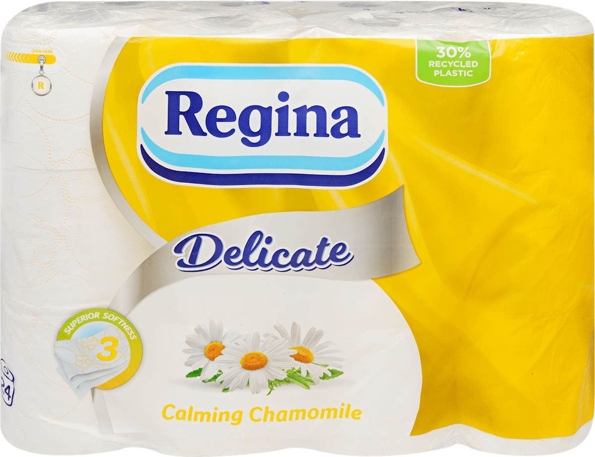 Regina Delicate toalettpapír, Calming Chamomile, 24 tekercs, 3 rétegű, 3 600 lap | dm.hu