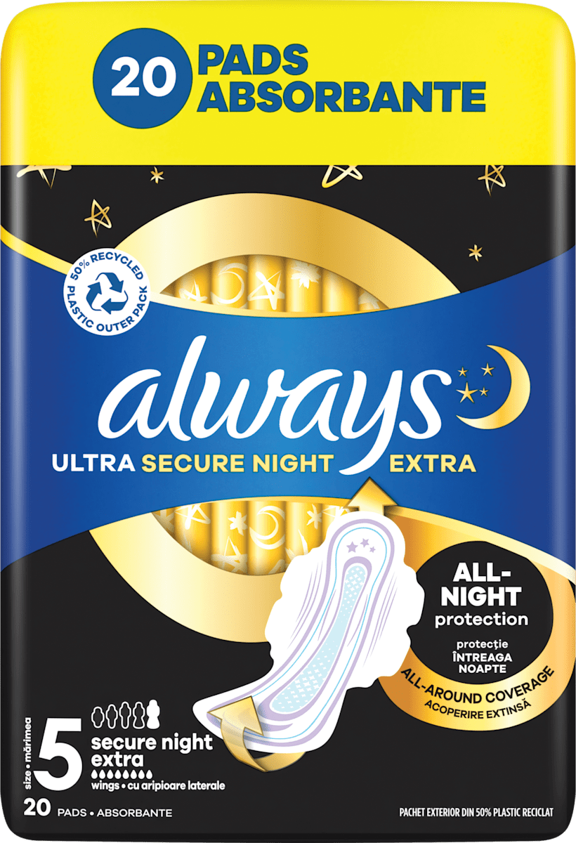 always vložky Ultra Secure Night Extra s křidélky, 20 ks | dm.cz