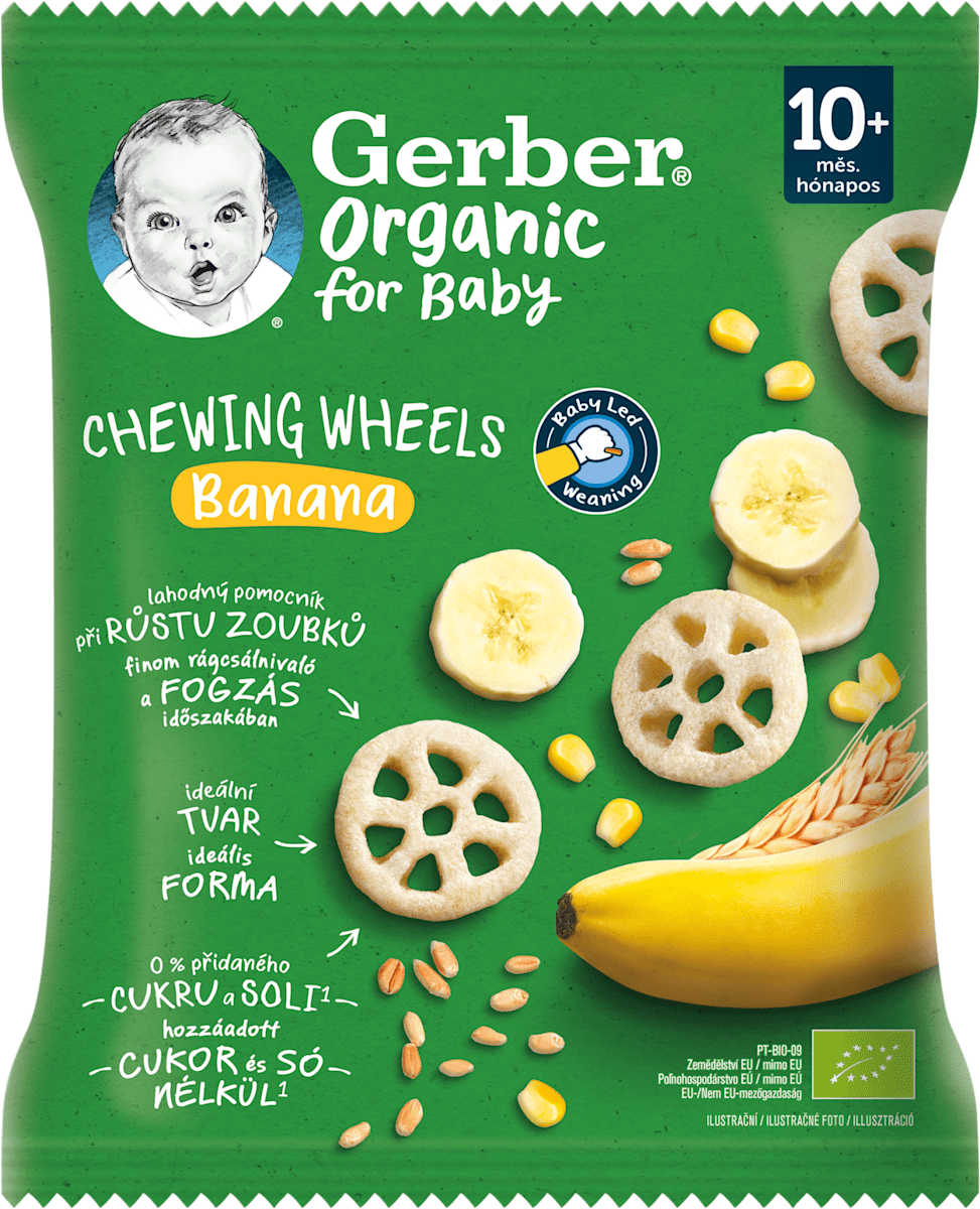 Gerber Organic organic chewing wheels s banánem, 28 g | dm.cz