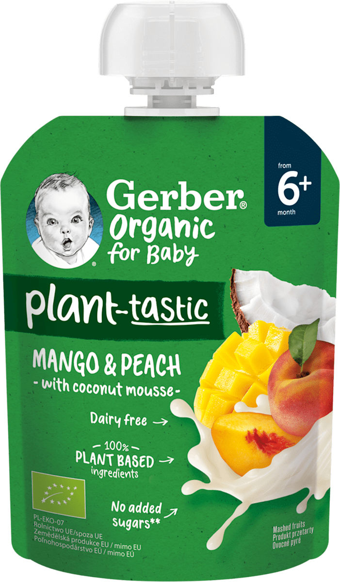 Gerber Organic organic BIO příkrm v sáčku mango a broskev s kokosovým ...