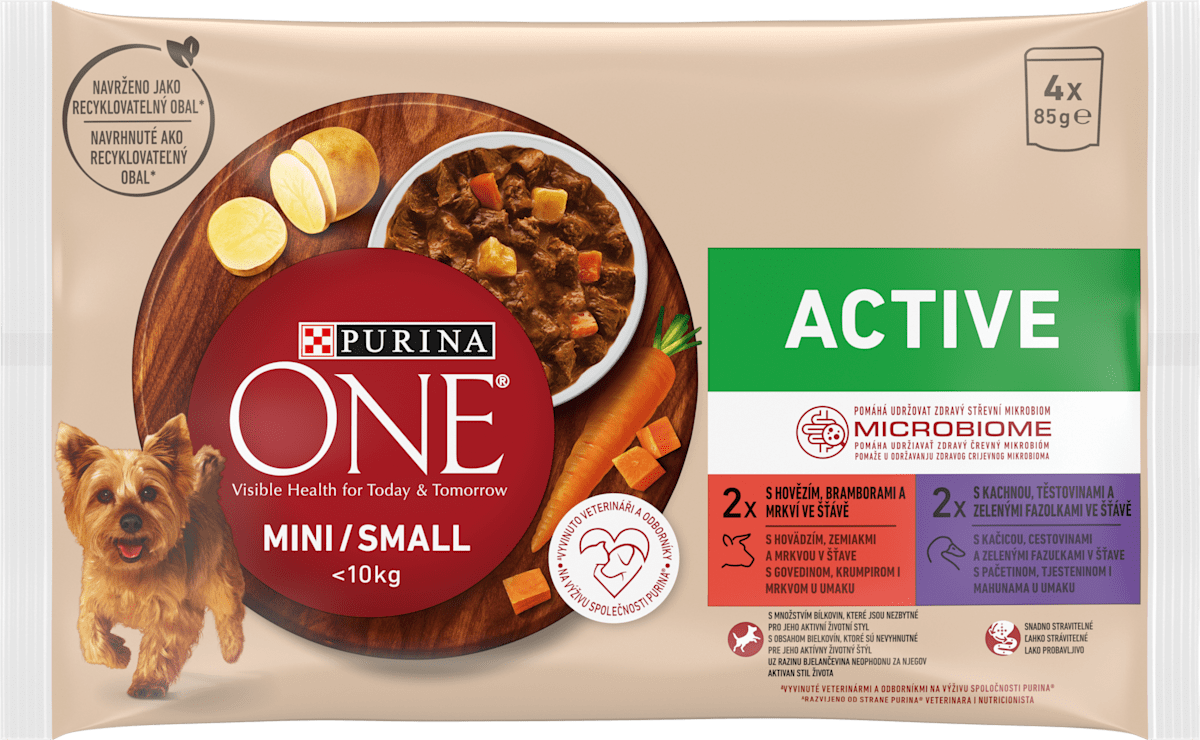 PURINA ONE kapsičky pro psy Active hovězí a kachna ve šťávě 4x85 g, Multipack, 340 g | dm.cz