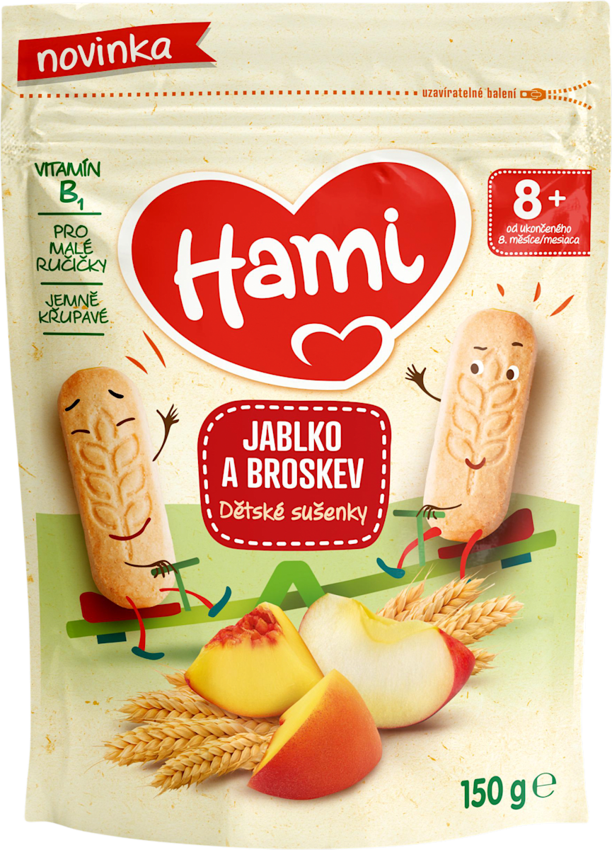 Hami dětské sušenky s příchutí jablka a broskve, 150 g | dm.cz