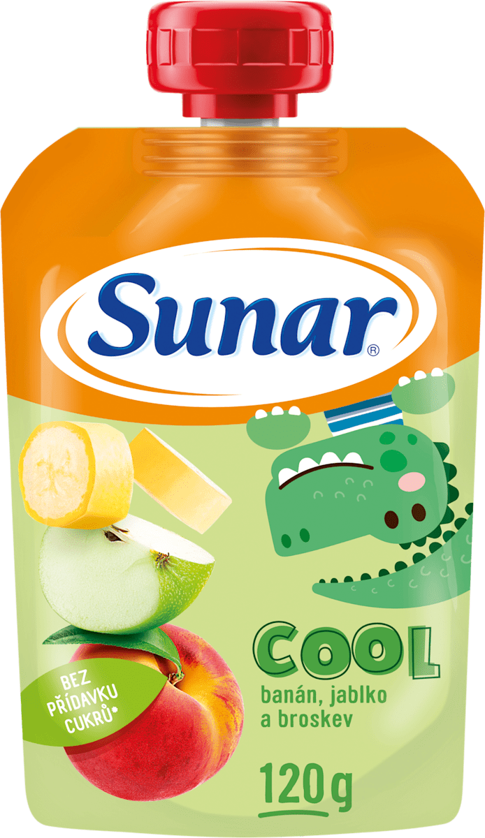 Sunar Cool ovocný příkrm v sáčku broskev, banán a jablko, 120 g | dm.cz