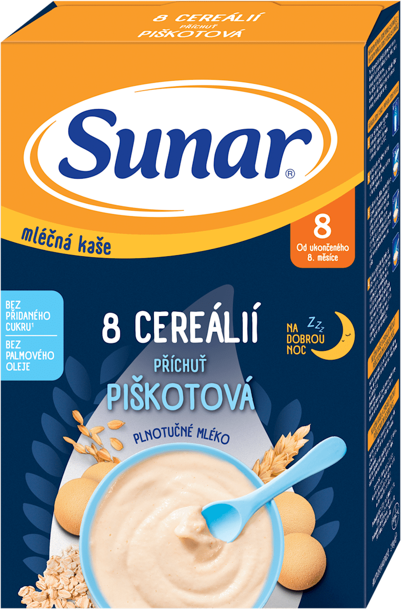 Sunar Mliečna kaša s 8 cereáliami na dobrú noc piškótová, 210 g | mojadm.sk