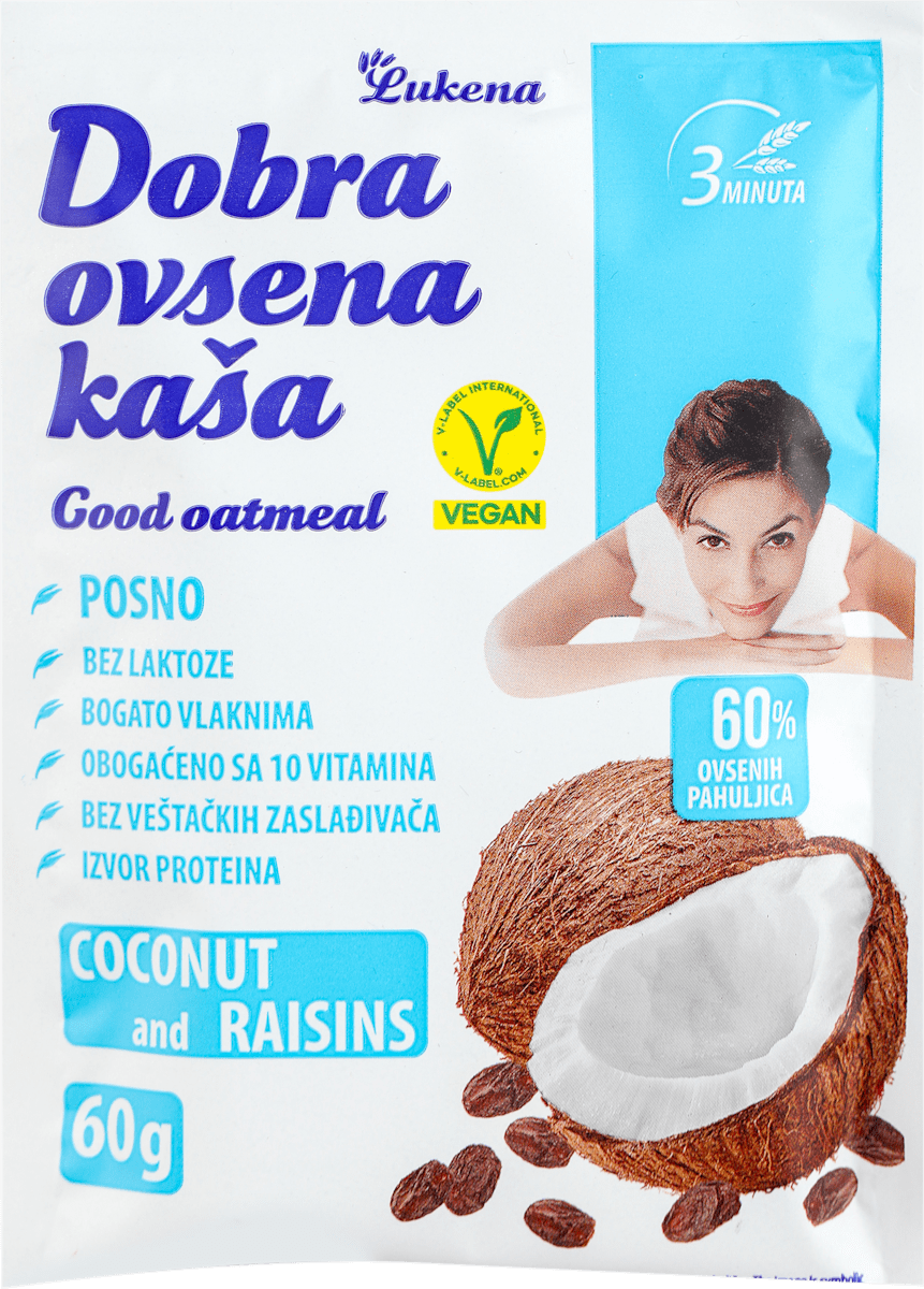 Dobra ovsena kaša Ovsena kaša - kokos i suvo grožđe, 60 g | dm.rs