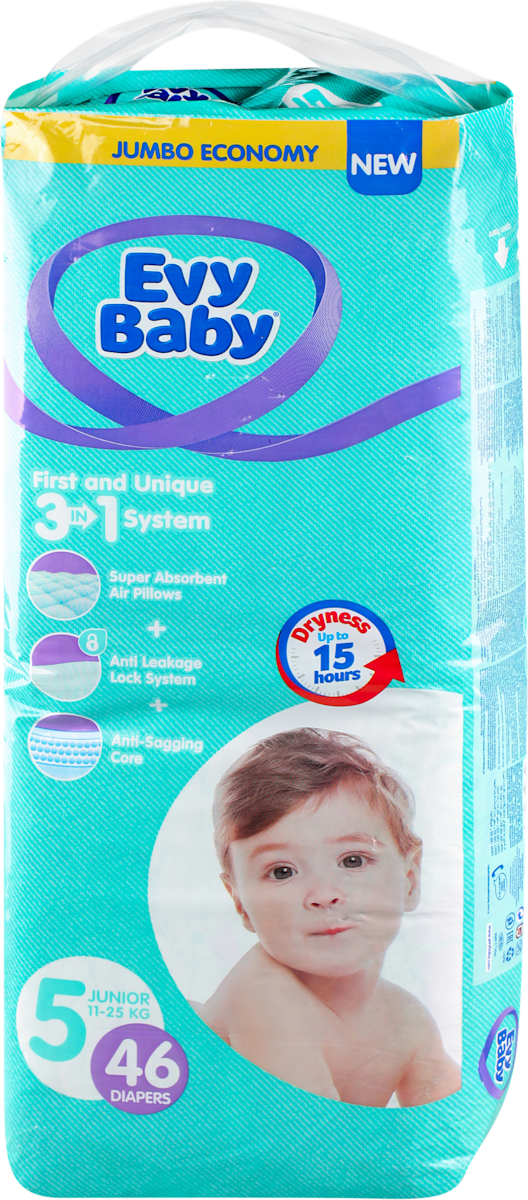 Evy Baby JUMBO ECONOMY pelene, veličina 5 JUNIOR (11-25kg), 46 kom | dm.rs