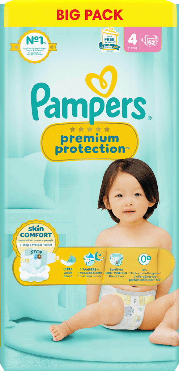 Pampers Windeln Premium Protection Gr.4 Maxi (9-14 kg), Big Pack, 52 St ...
