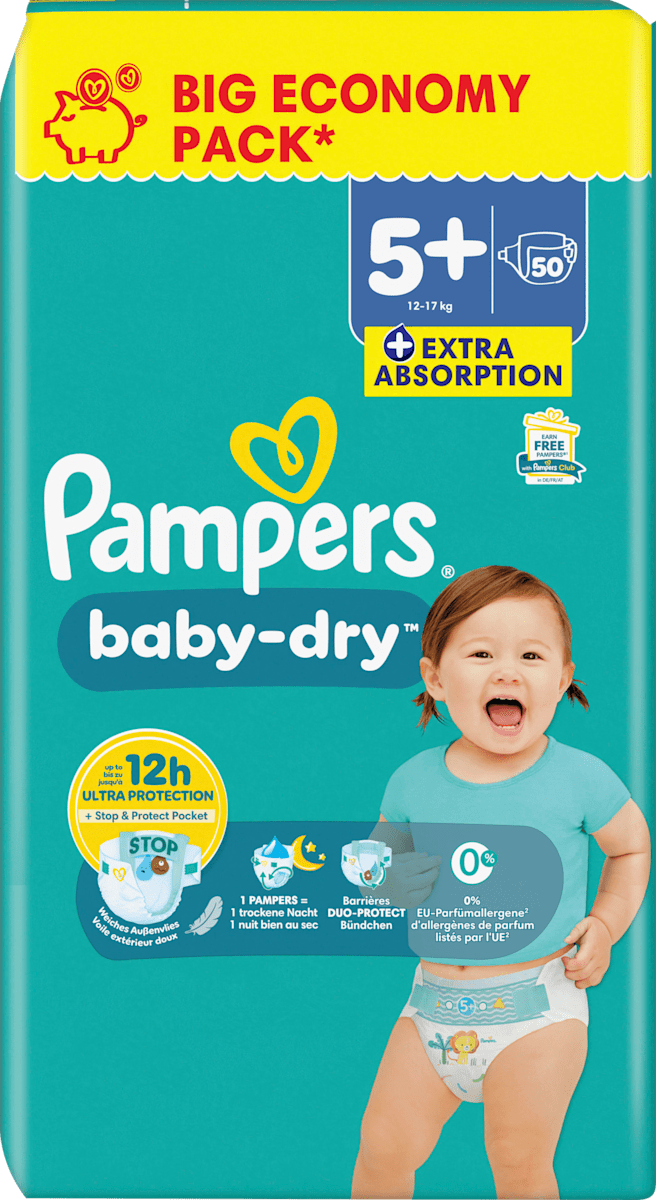 Pampers Windeln Baby Dry Gr. 5+ Junior Plus (12-17 kg), Big Pack, 50 St ...