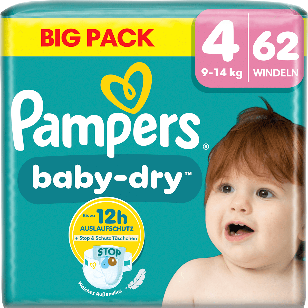Pampers Windeln Baby Dry Gr.4 Maxi (9-14 kg), Big Pack, 62 St dauerhaft ...
