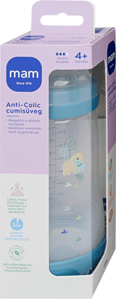 mam Anti-colic cumisüveg, 320 ml, 4 hónapos kortól kisfiúknak, 1 db | dm.hu