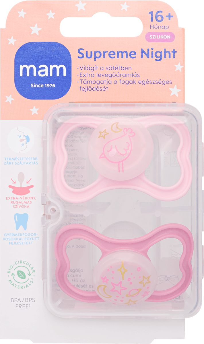 mam Supreme Night éjszakai szilikon cumi, 16 hónapos kortól, kislányoknak, 2 db | dm.hu