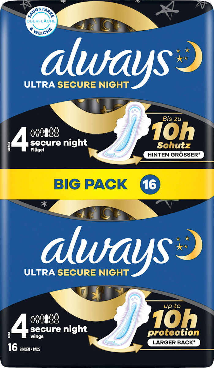 always Ultra-Binden Secure Night 4 mit Flügeln, Big Pack, 16 St ...