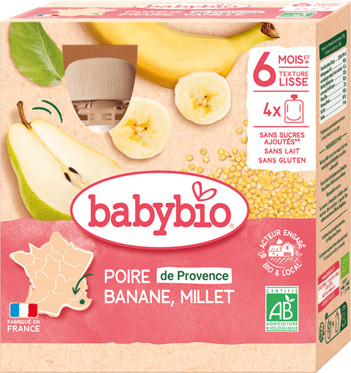 babybio bio příkrm v sáčku hruška, banán a proso 4x90 g, 360 g | dm.cz