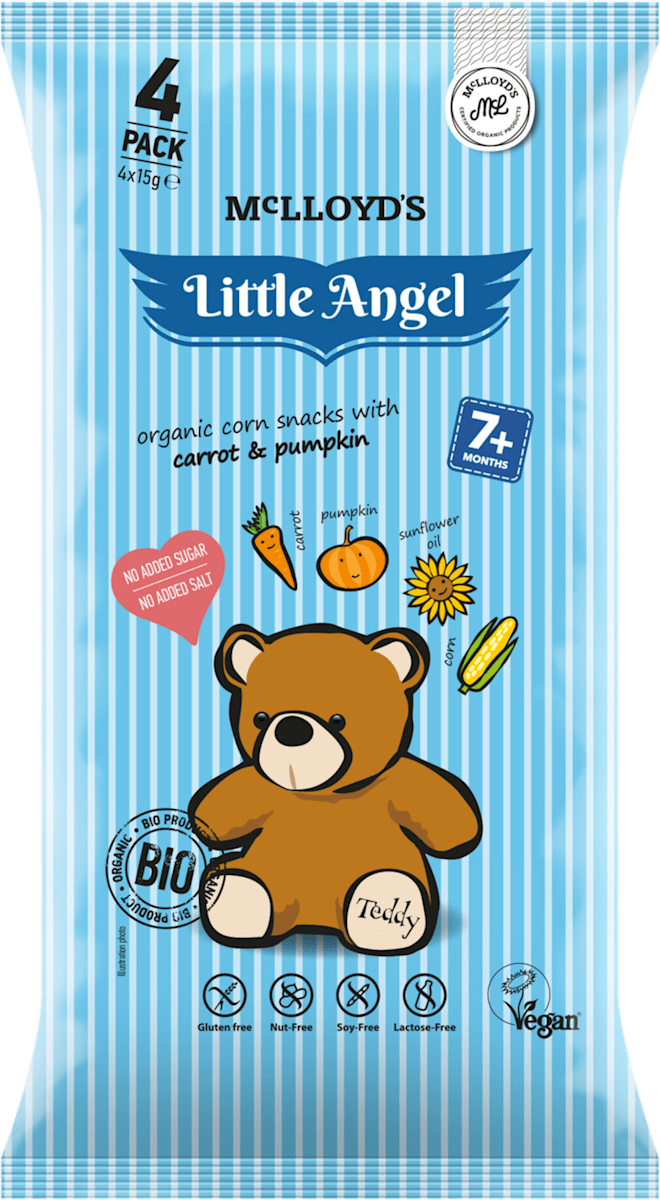 Little Angel Teddy bio snack kukuřičný s příchutí mrkev a dýně, 60 g ...