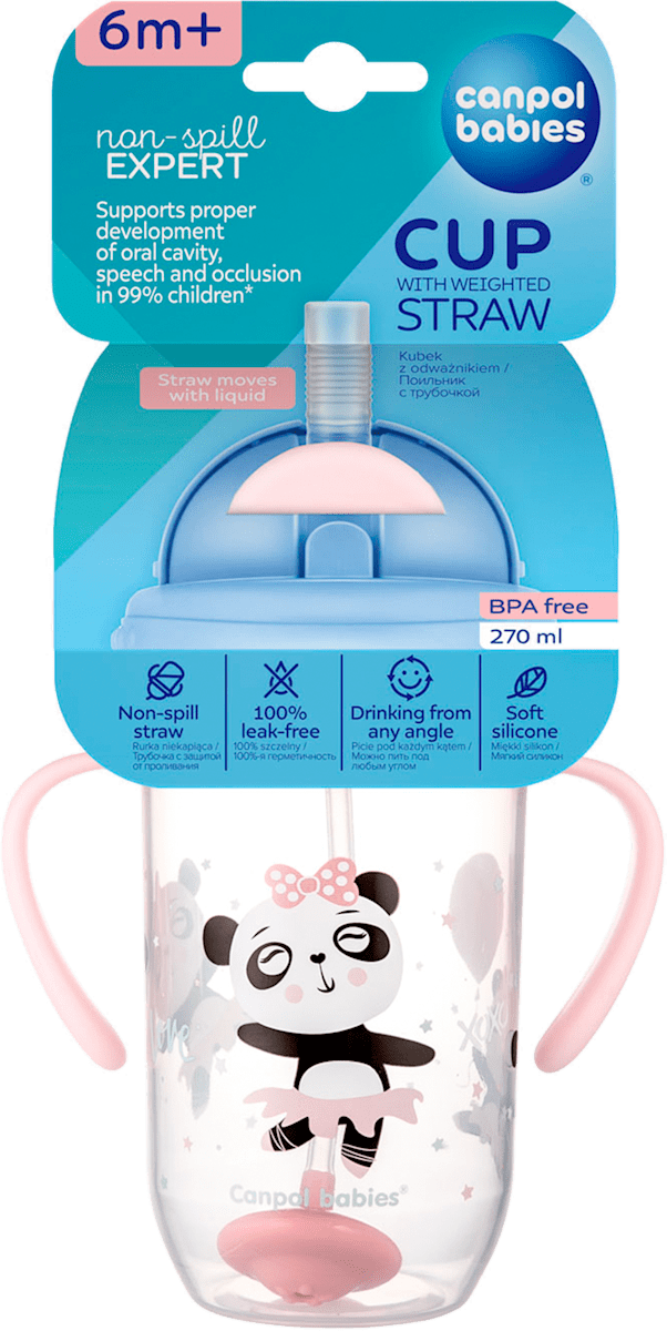 Canpol babies nevylévací hrnek se slámkou a závažím růžový, 6m+, 270ml, 1 ks | dm.cz