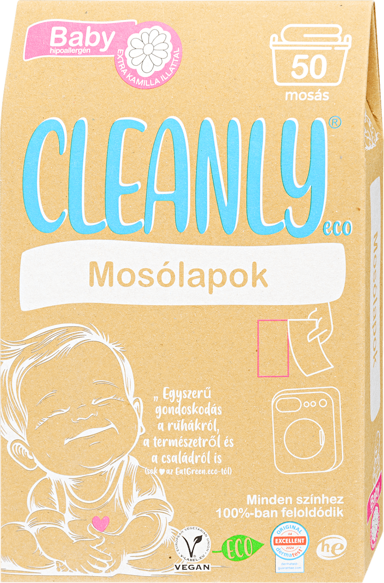 CLEANLY eco Mosószer lap Baby kamilla illattal, 50 db | dm.hu