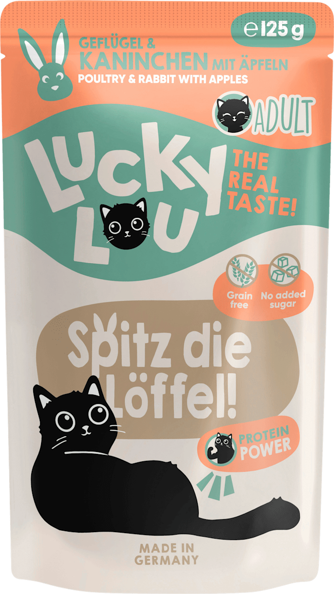 Lucky Lou Nassfutter Katze mit Geflügel & Kaninchen "Spitz die Löffel ...