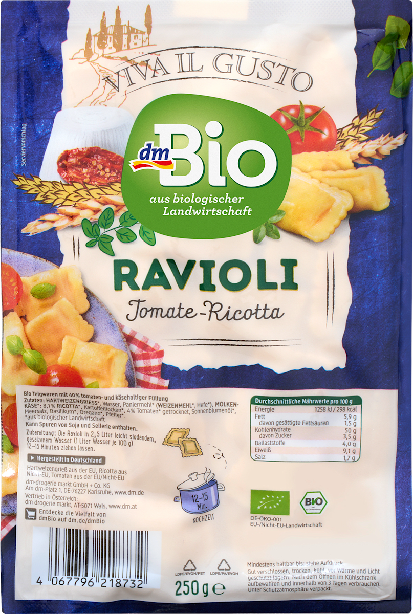 dmBio Bio ravioli s paradižnikom in rikoto, 250 g | dm.si