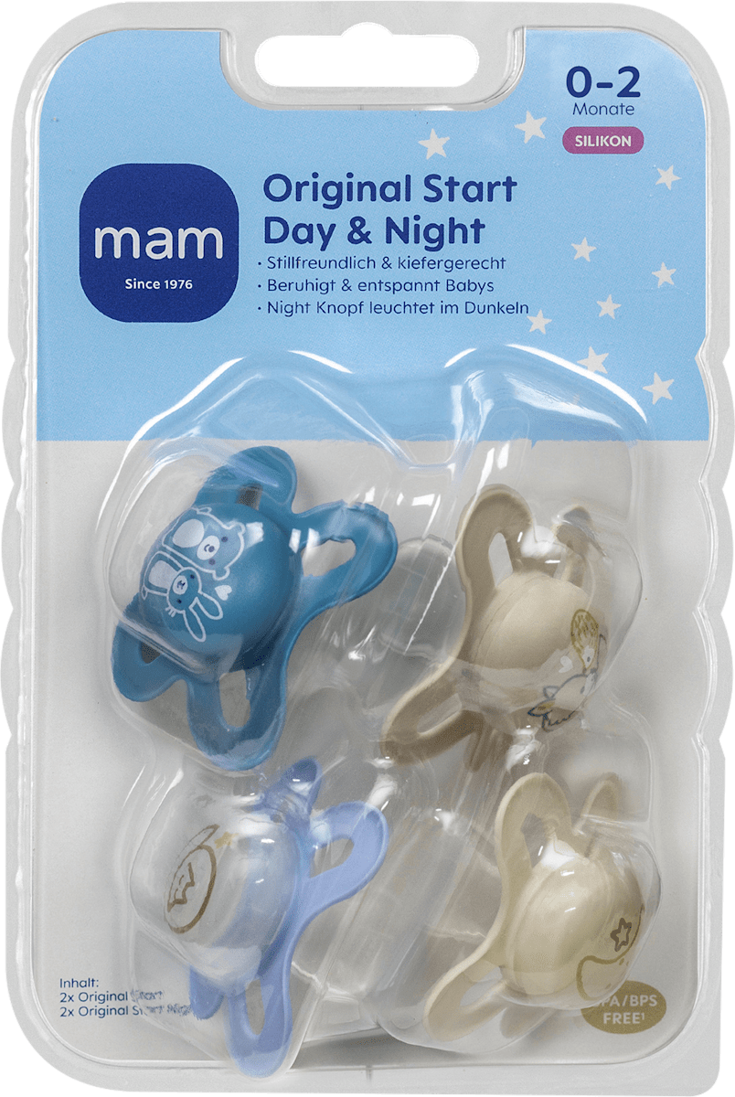 mam Schnuller Original Start Day & Night Silikon, blau/braun/creme, 0-2 ...