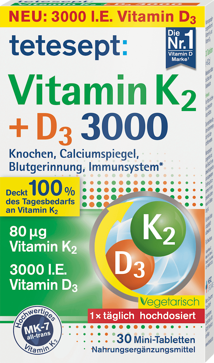 tetesept Vitamin K2 + D3 3000 Mini-Tabletten 30 St, 9,2 g dauerhaft ...