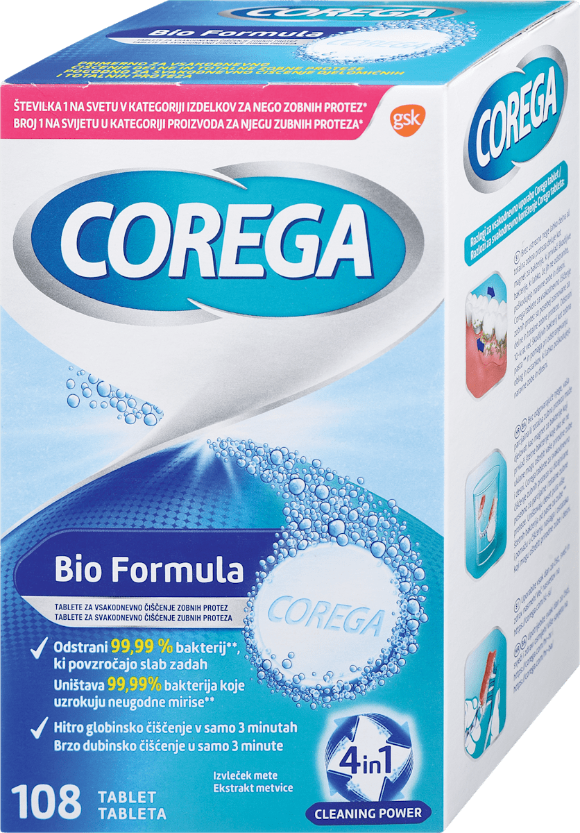 COREGA Bio Formula tablete za čiščenje zobnih protez, 108 kos | dm.si