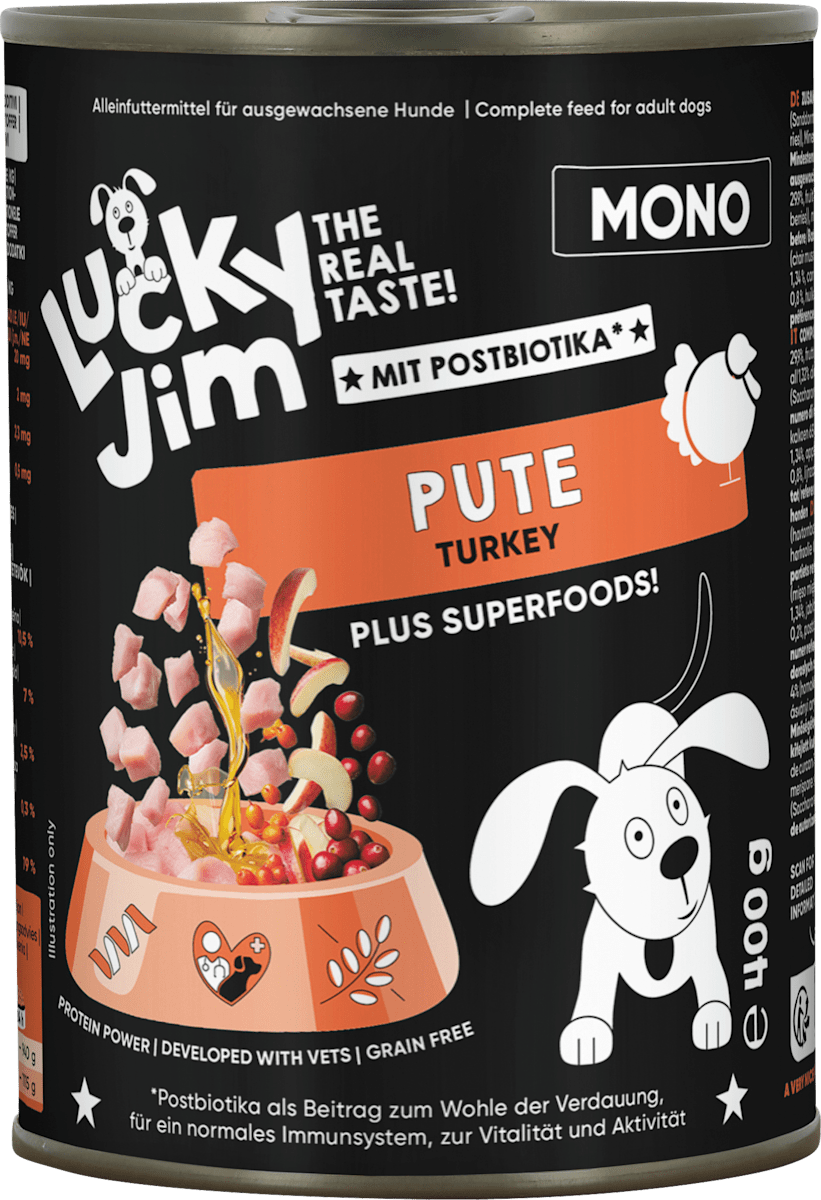 Lucky Jim Nassfutter Hund mit Pute & Superfoods, 400 g dauerhaft ...